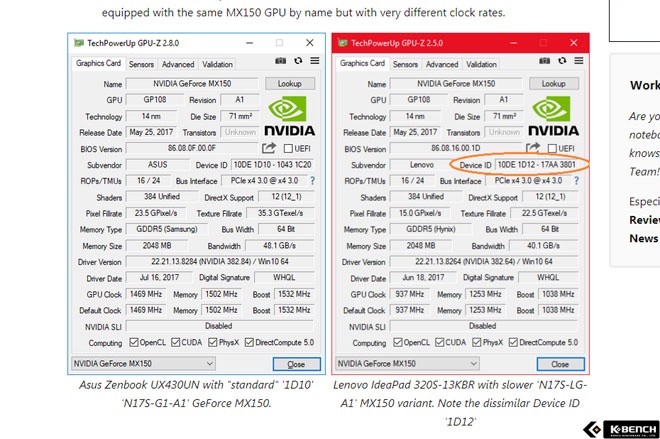 울트라북 GPU '지포스 MX150' 논란, 일부 제품에 저클럭 모델이.. | 케이벤치 주요뉴스