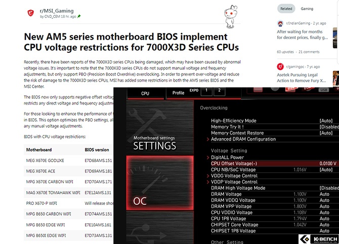 MSI 라이젠 7000X3D 오버클럭 막는다, CPU 손상 막기 위해 PBO만 허용 | 케이벤치 주요뉴스